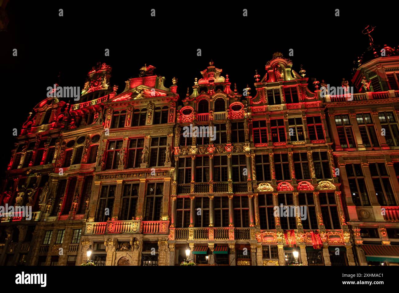 Grand Place Guildhouses in Red and Gold Lights - Brussels, Belgium ...