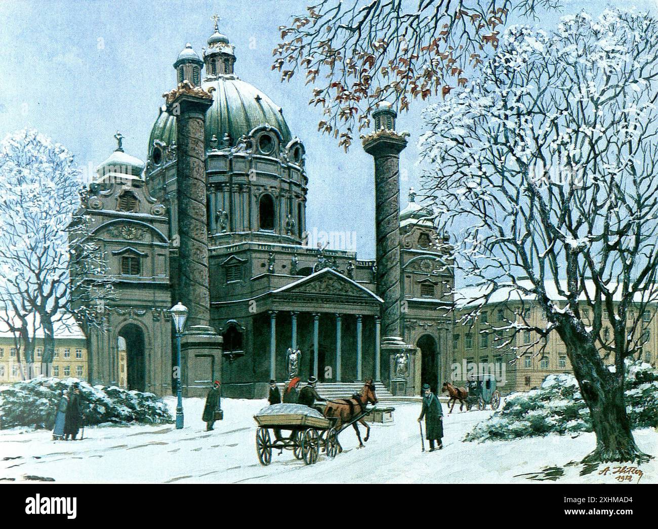 Die Karlskirche in Wien im Winter, Österreich, Gemälde von Adolf Hitler ...