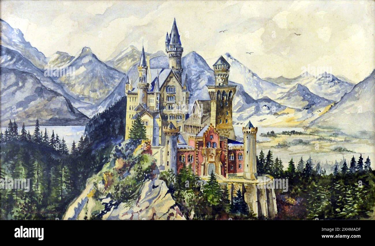 Schloß Neuschwanstein, Gemälde von Adolf Hitler 1889-1845, Historisch ...