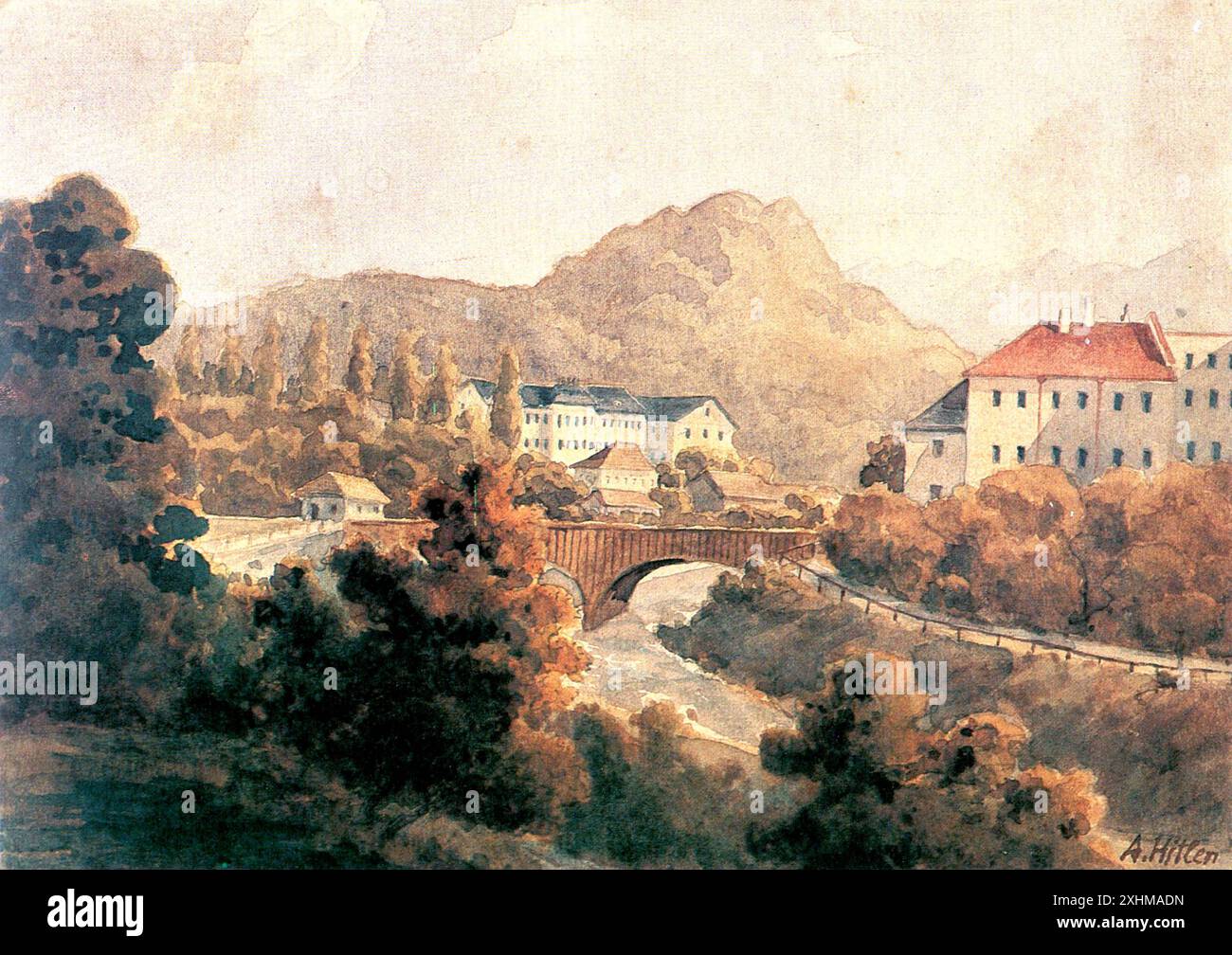 Landschaft im Salzburger Land mit Häusern, Fluß und Brücke, Gemälde von ...