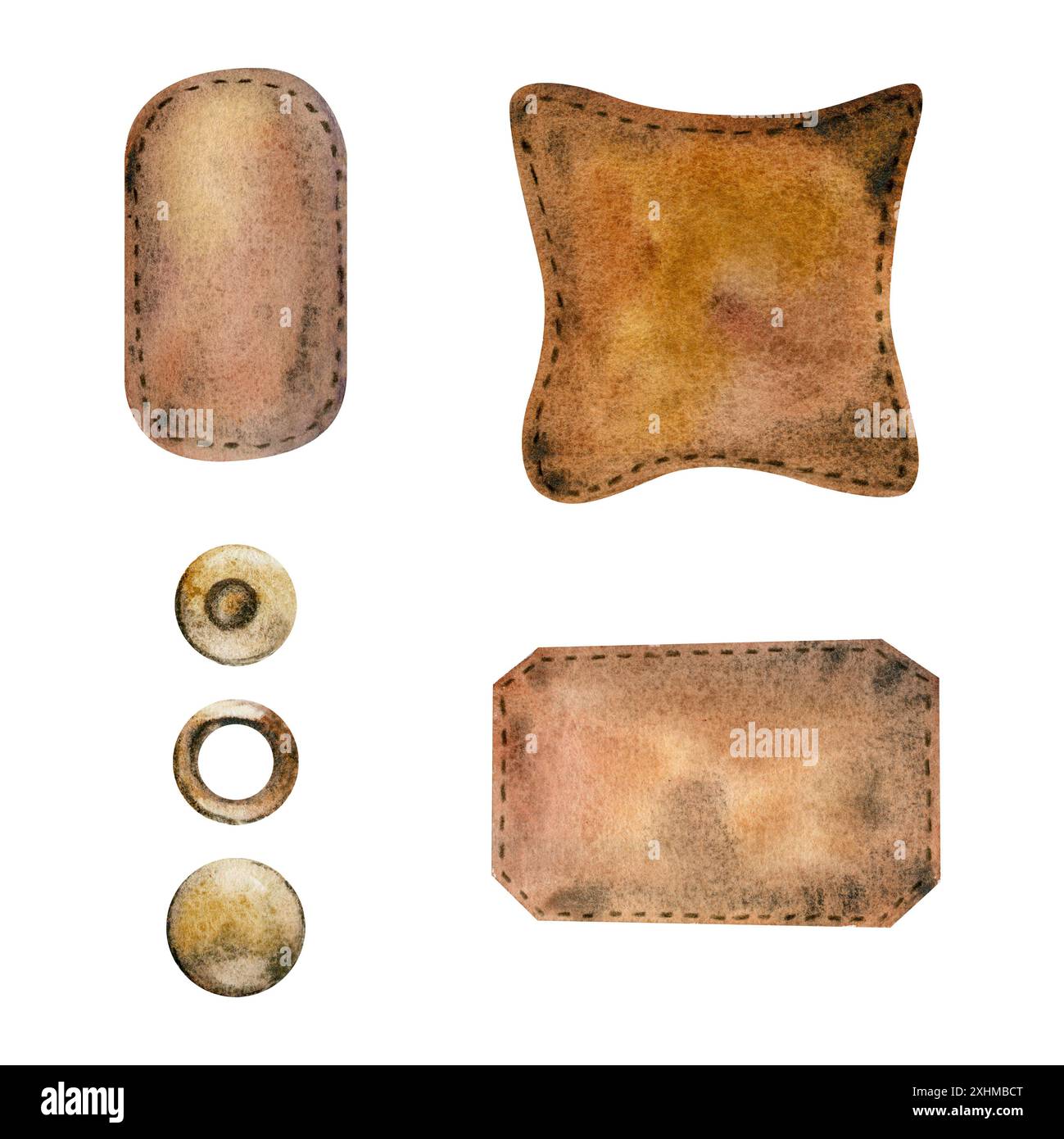 Genuine leather marker tag label, dark brown stitching, brass copper ...