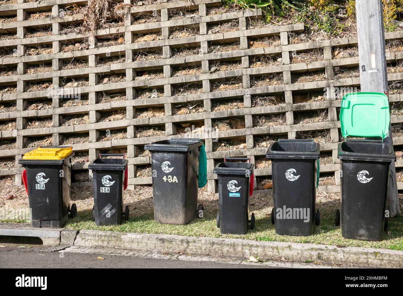 Sydney Australia, household greened and yellow bins emptied and on ...