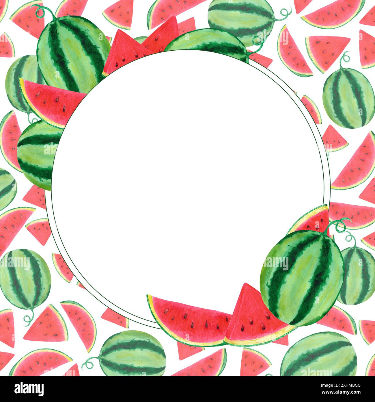 Hand drawn watercolor watermelon with slices frame border isolated on ...