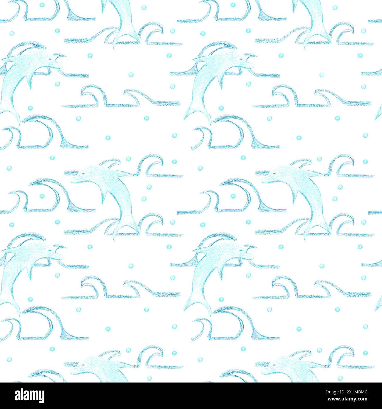 Hand drawn wax crayon dolphin in the sea drawing seamless pattern ...