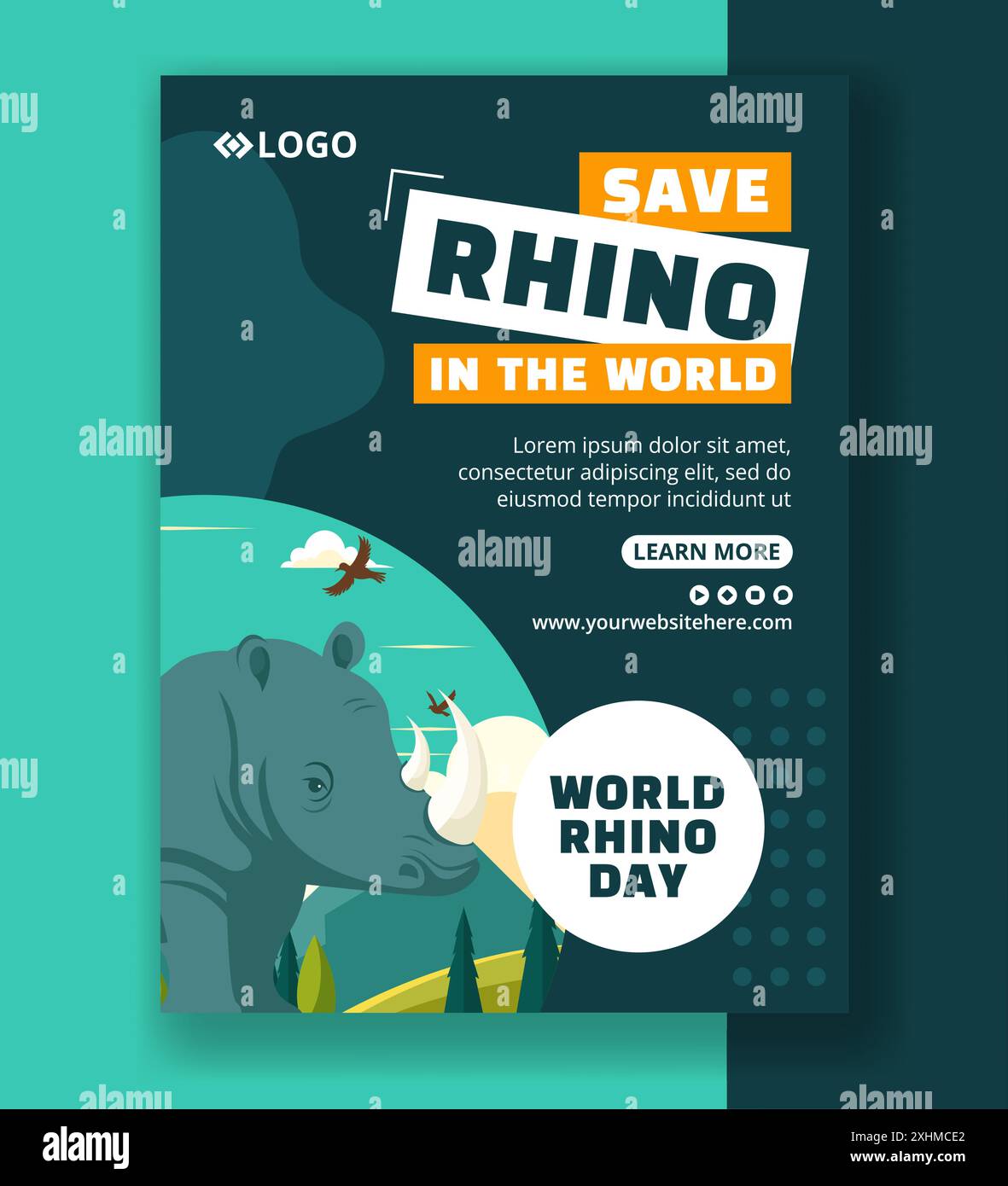 Rhino Day Vertical Poster Flat Cartoon Hand Drawn Templates Background ...
