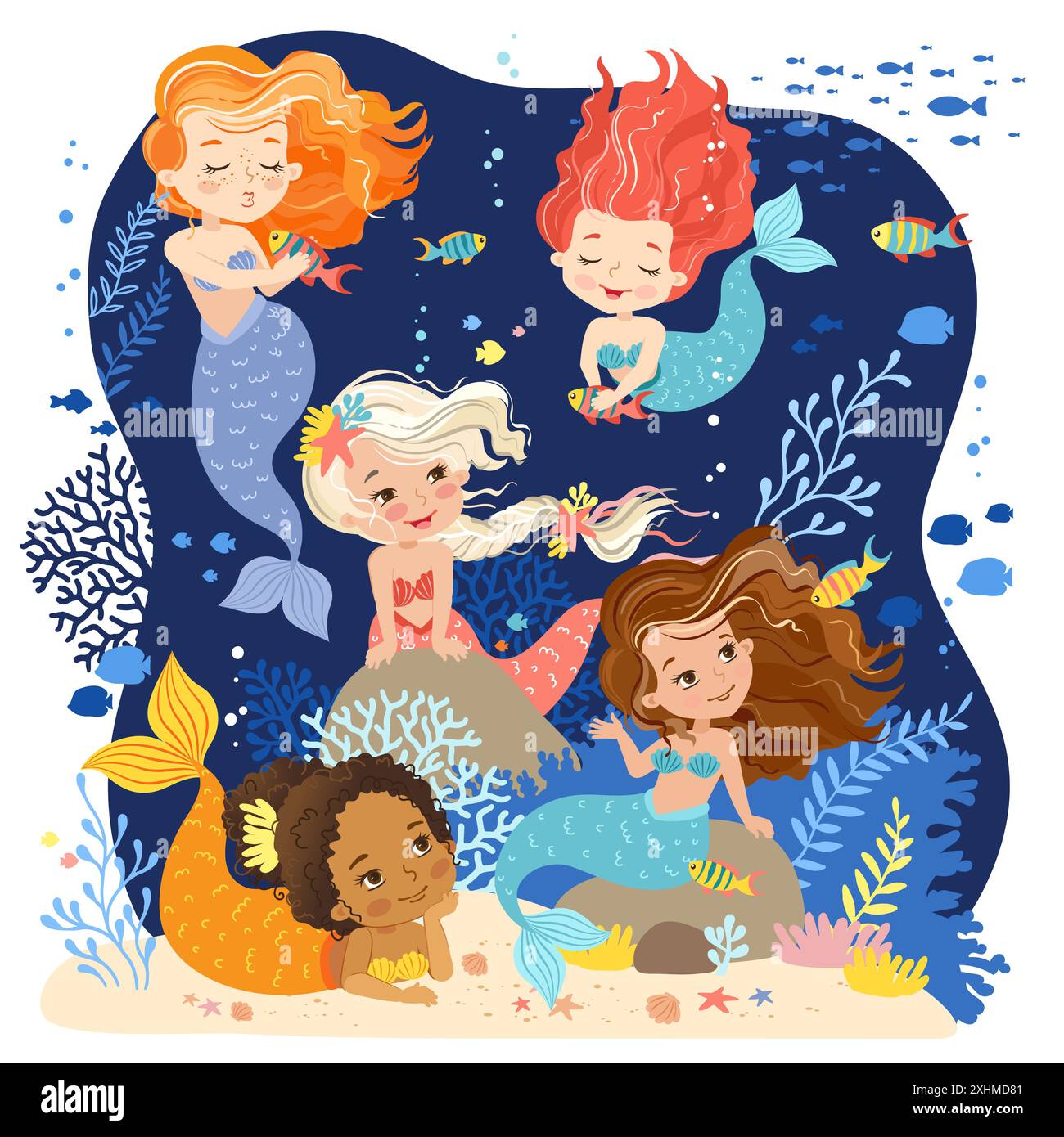 Hand drawn vector illustration of a cute mermaids. Cartoon background ...