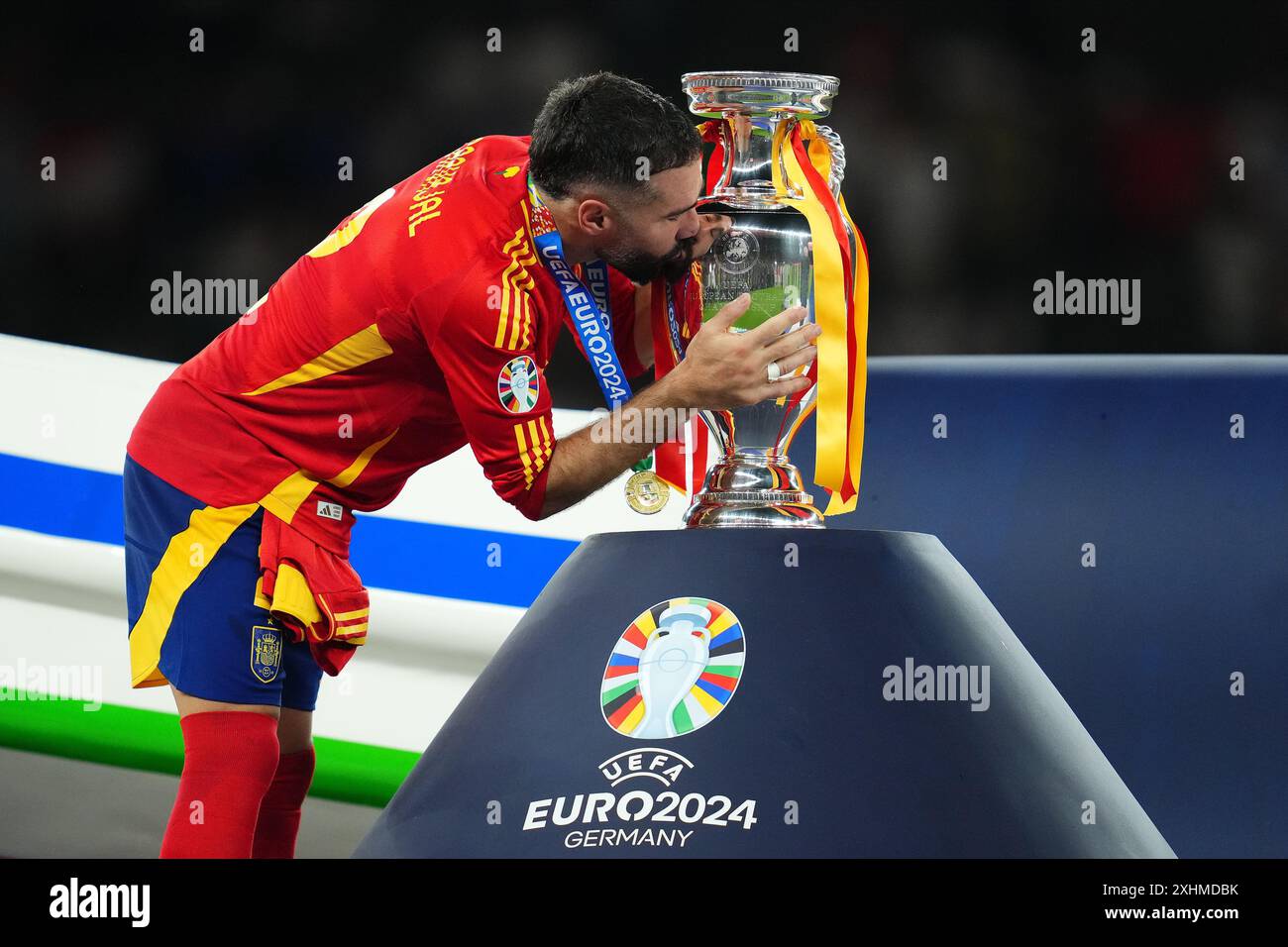 Daniel Carvajal of Spain kisses the Trophy during the UEFA Euro 2024 ...