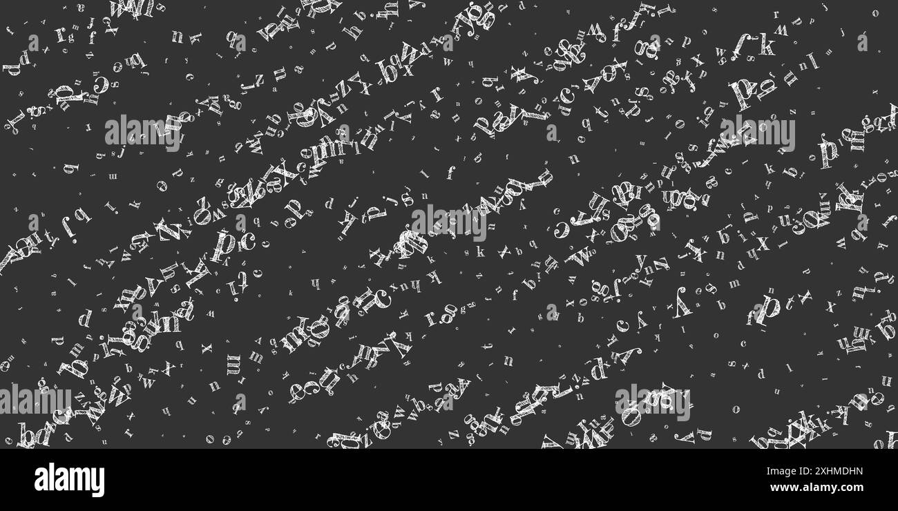 Falling letters of English language. White chalk characters of Latin ...