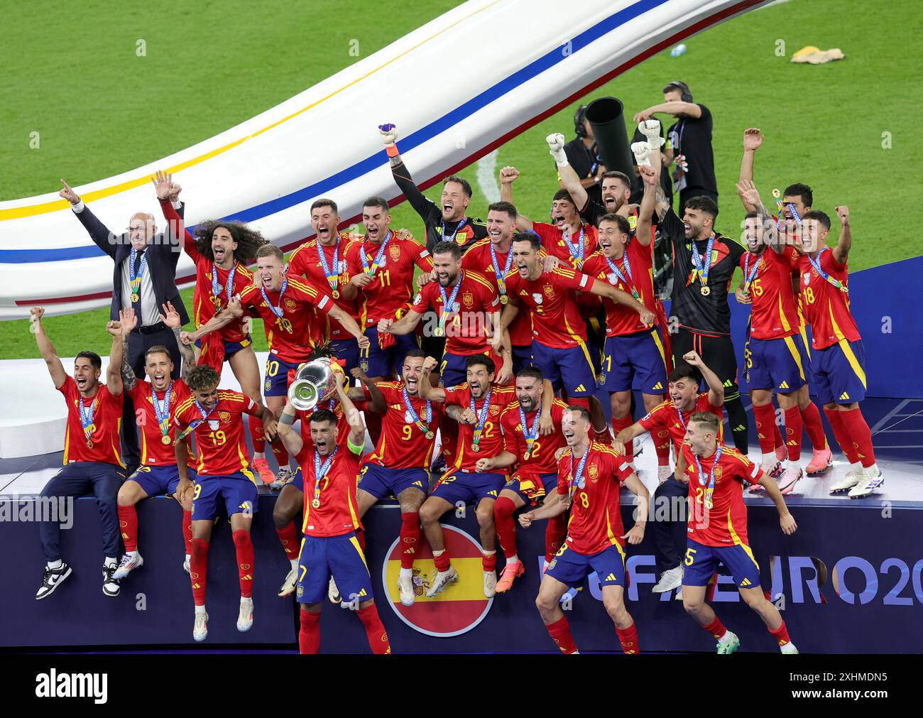 BERLIN, GERMANY - JULY 14: Alvaro Morata of Spain lifts the Henri ...
