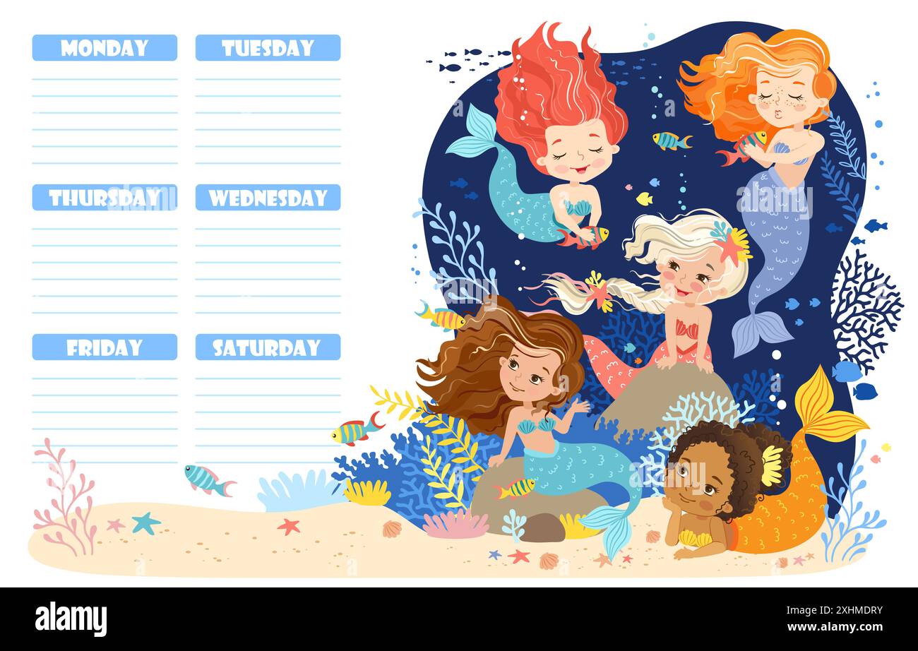 Hand drawn vector illustration of a cute mermaids in the underwater ...
