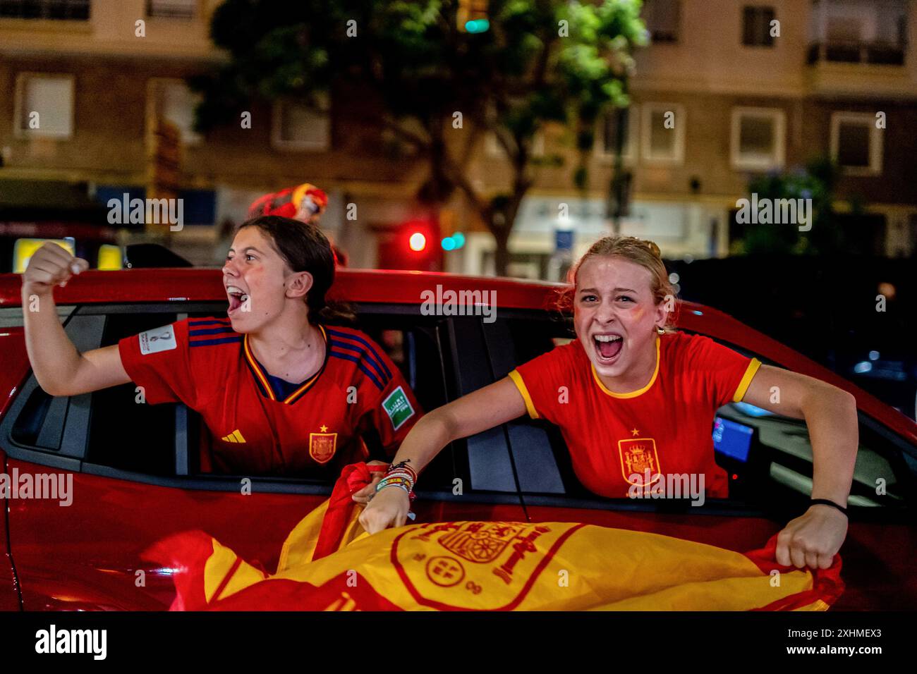Malaga, Spain. 15th July, 2024. Two woman seen celebrating and showing ...