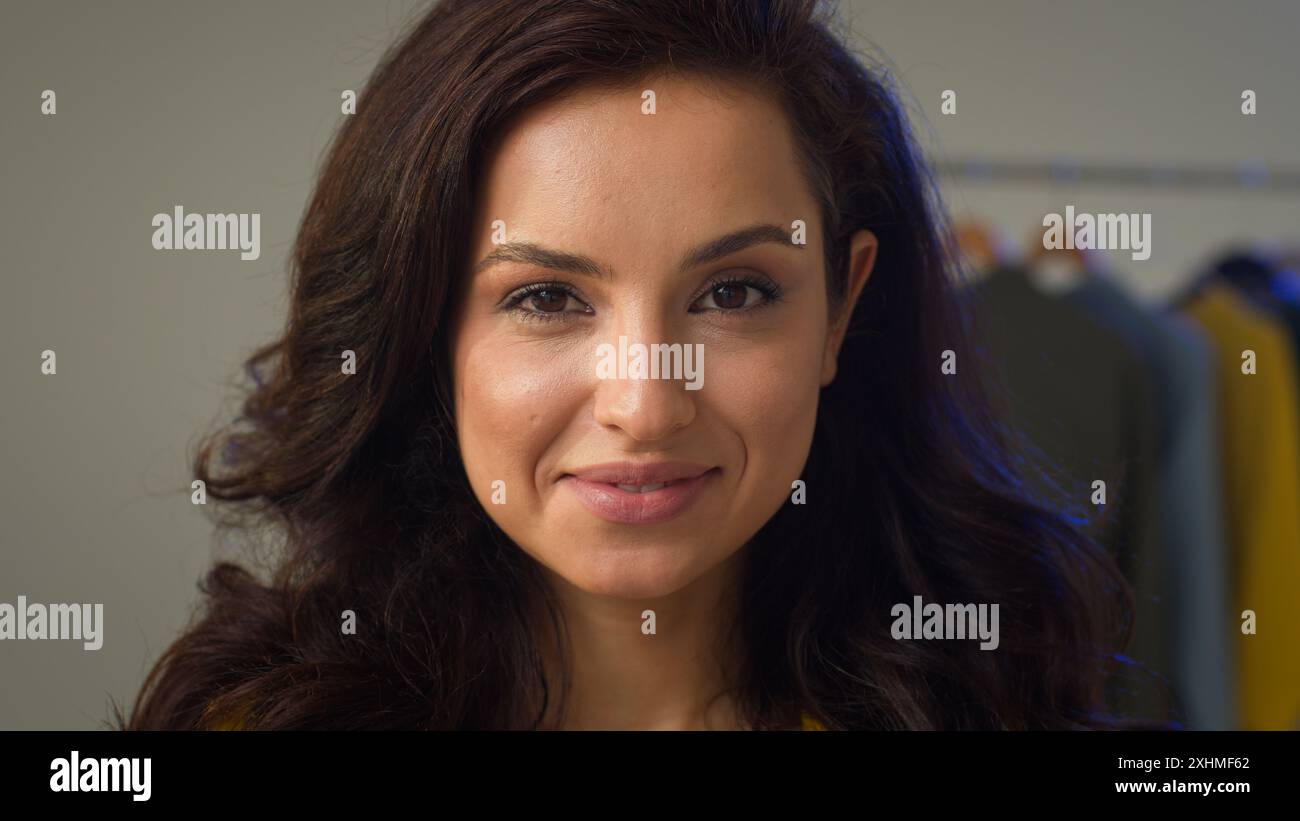 Happy cheerful Caucasian woman portrait female brunette stylish model ...