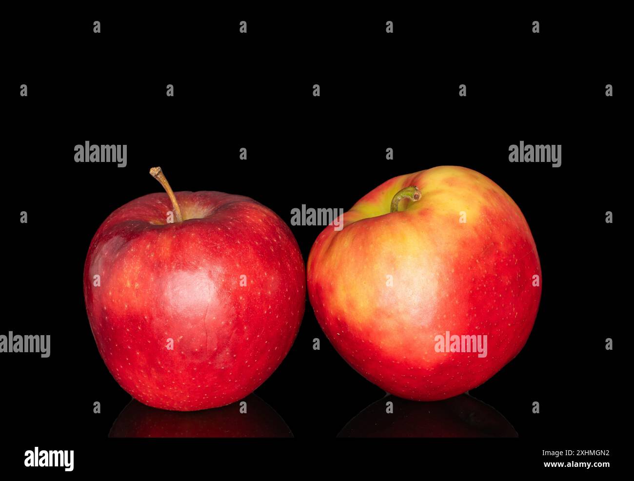 Two sweet red apples, macro, isolated on black background Stock Photo ...
