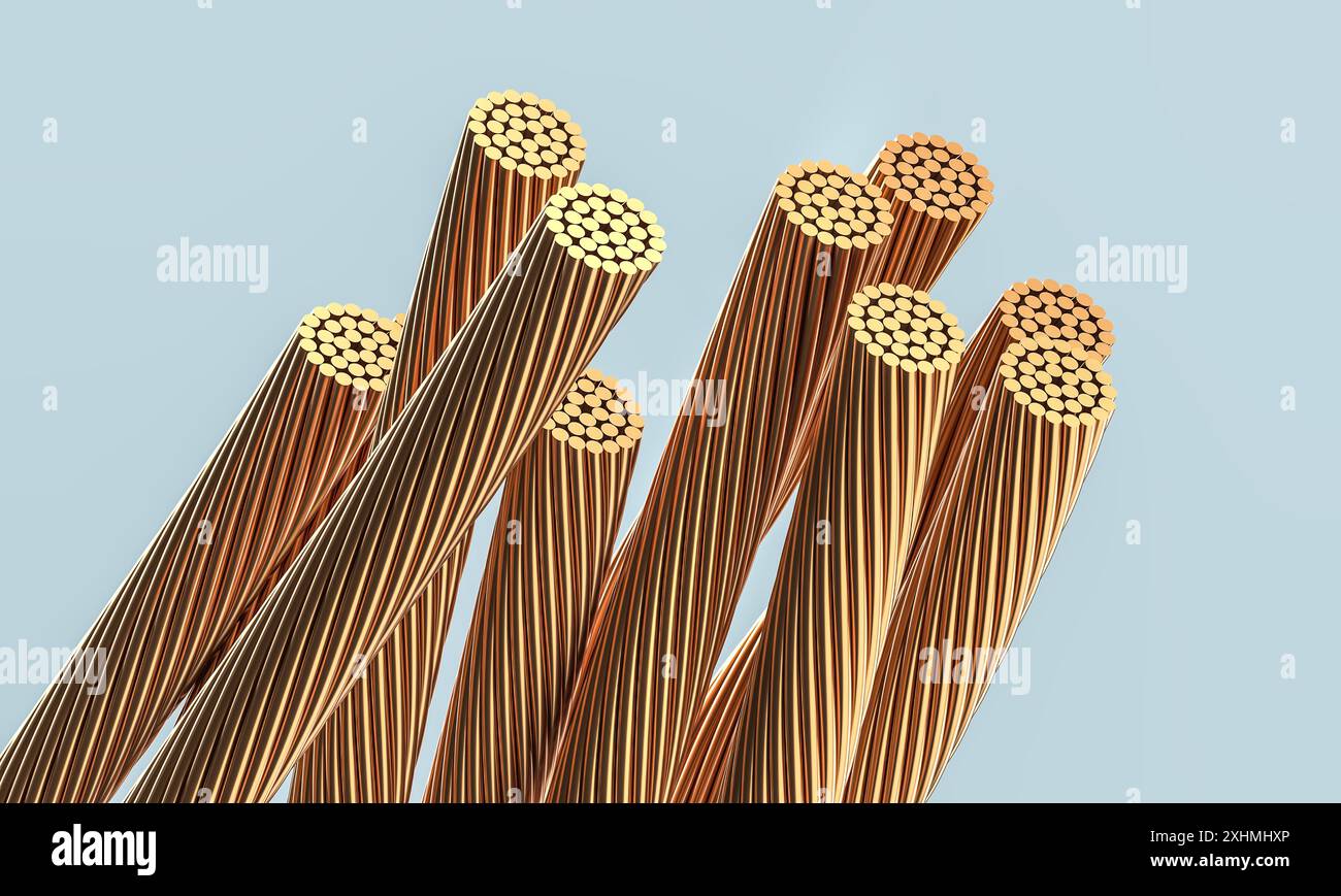 Copper electrical cable showing twisted wires inside blue background 3d ...