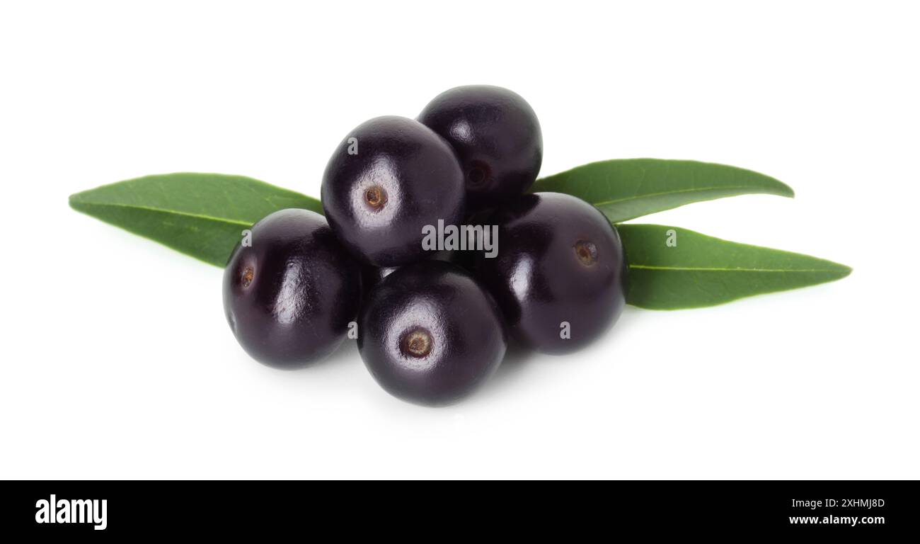 Fresh ripe acai berries and green leaves isolated on white Stock Photo ...