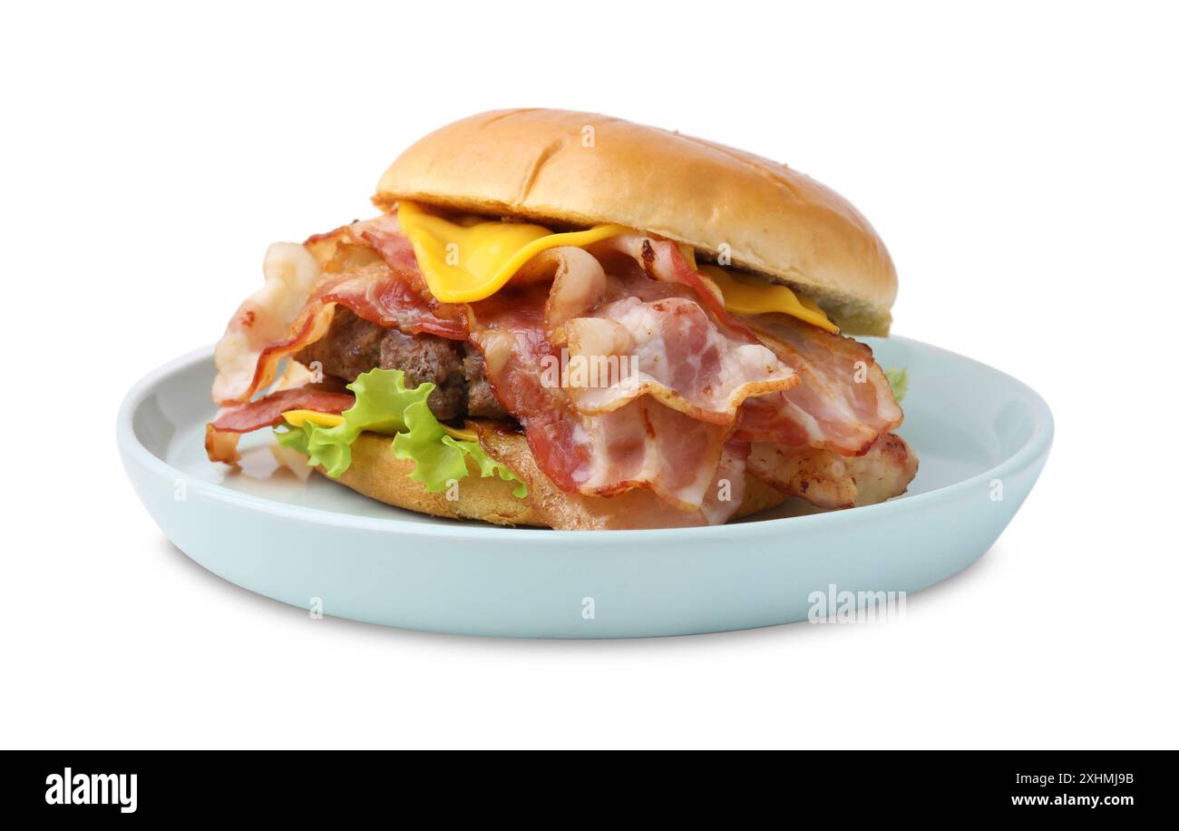 Delicious burger with bacon, patty and cheese isolated on white Stock ...