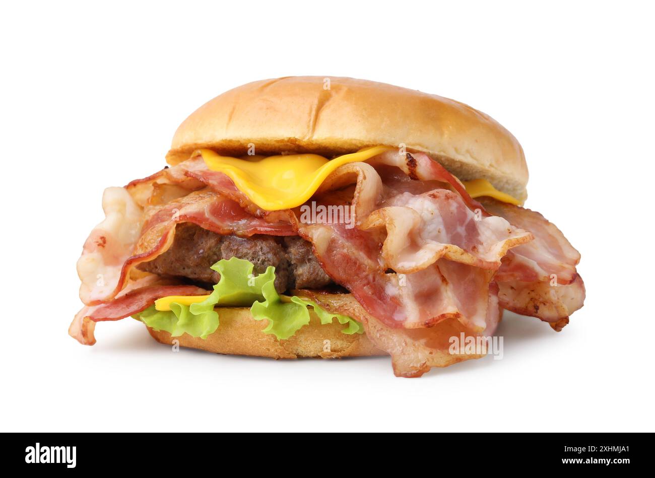 Delicious burger with bacon, patty and cheese isolated on white Stock ...