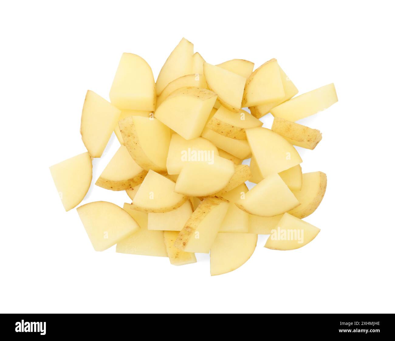 Pile of fresh cut potato isolated on white, top view Stock Photo - Alamy