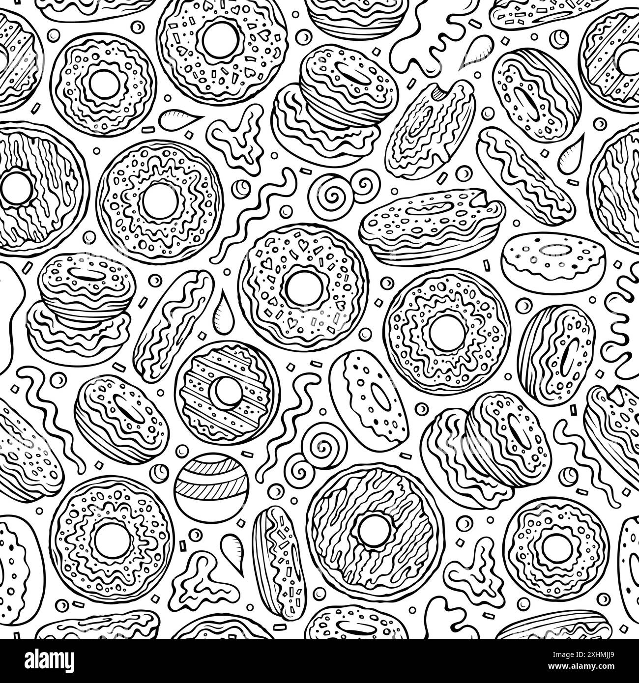 Cartoon cute doodles Donuts seamless pattern. Line art background ...