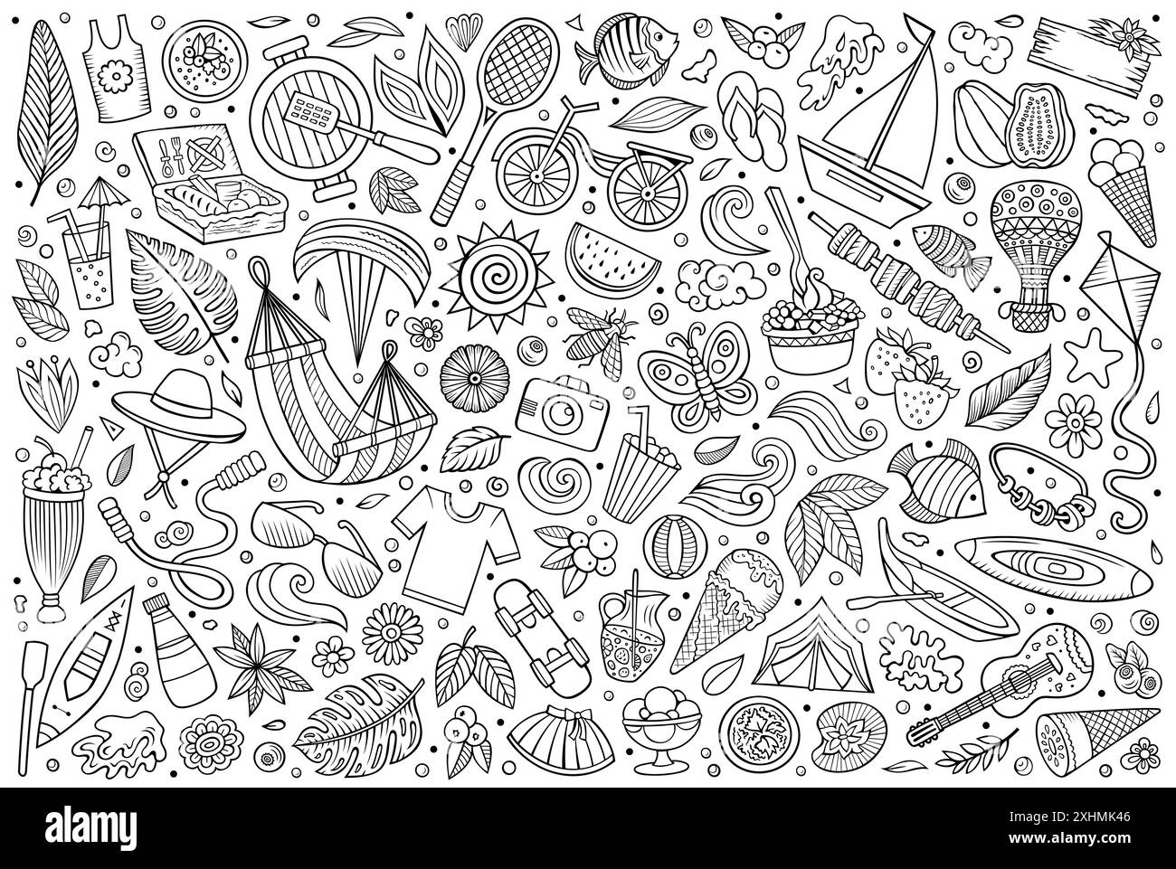 Line art vector hand drawn doodle cartoon set of Summer theme items ...