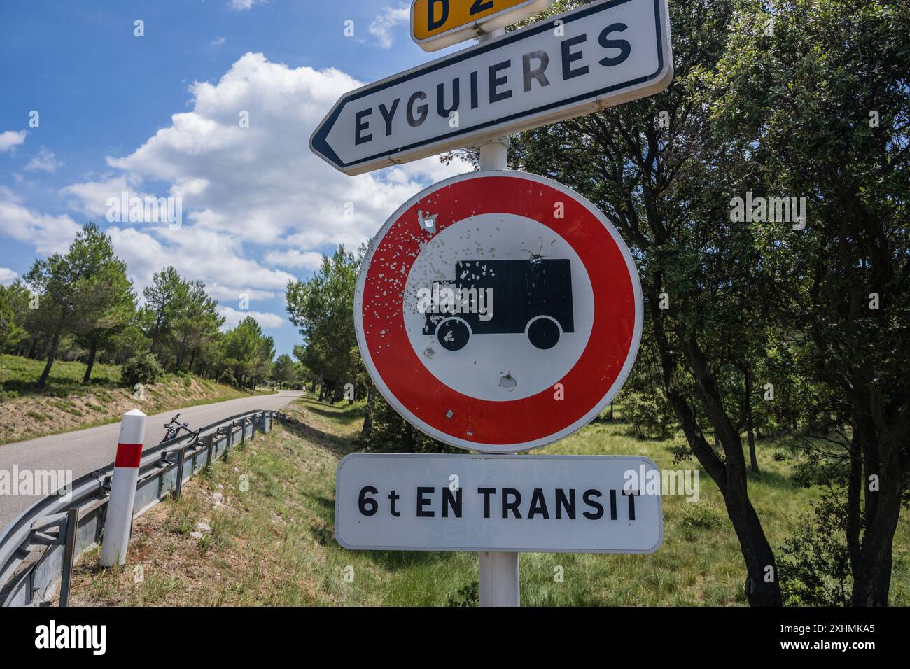 Damaged road sign in France, locals using the sign for target practice ...