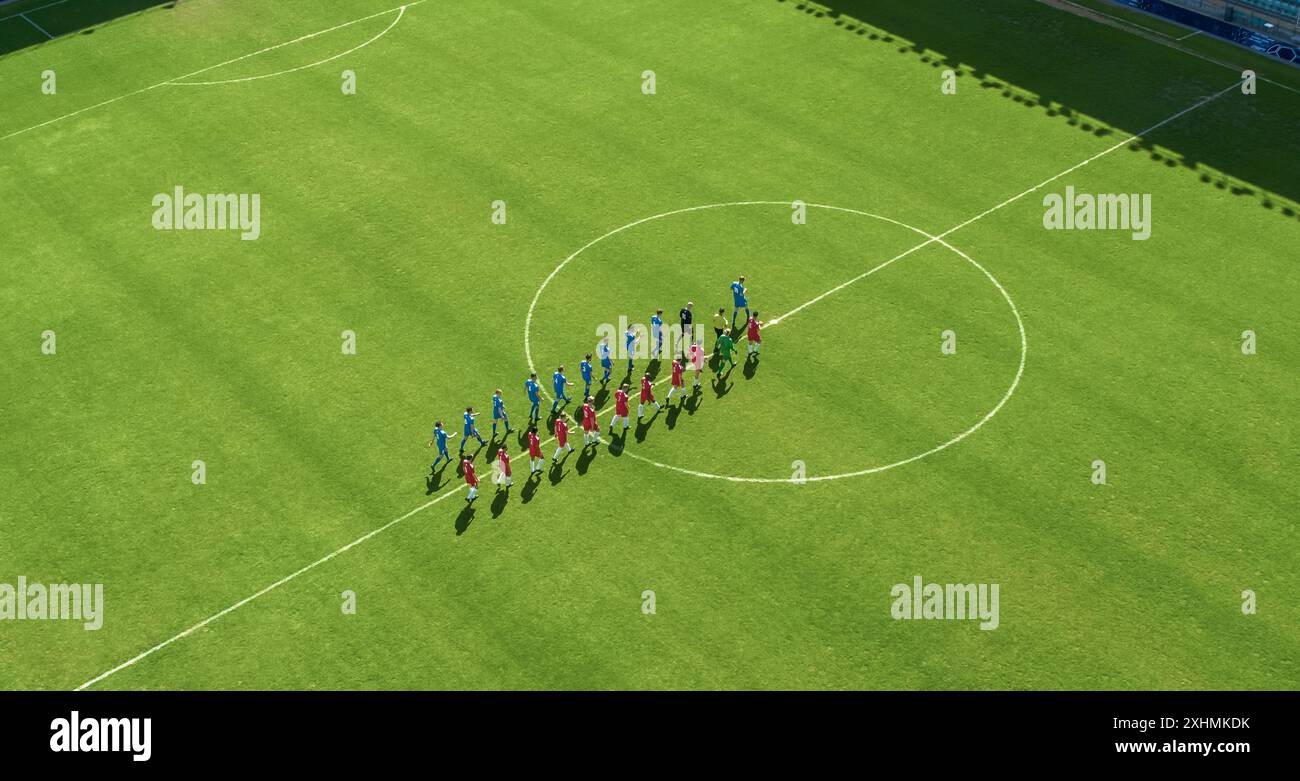 Aerial Top View Shot of Soccer Championship Match Beginning: Two ...