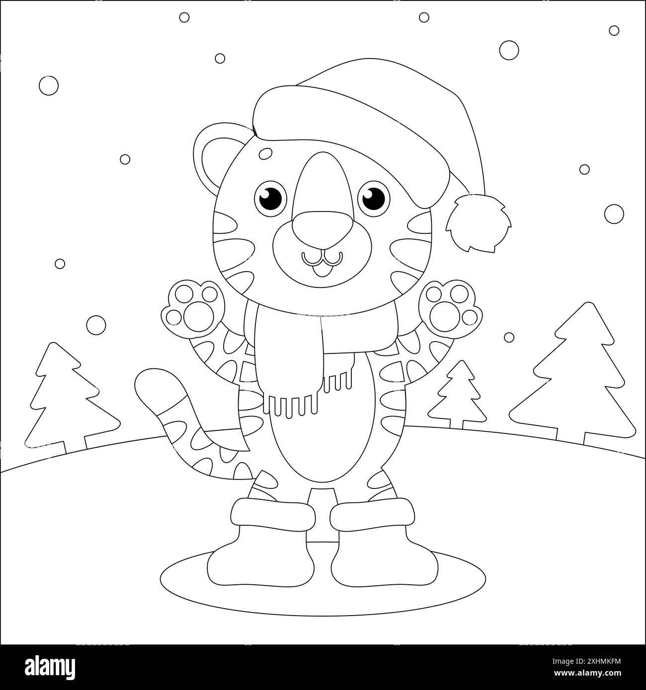 Coloring book page for kids. Christmas tiger. Cartoon style character ...