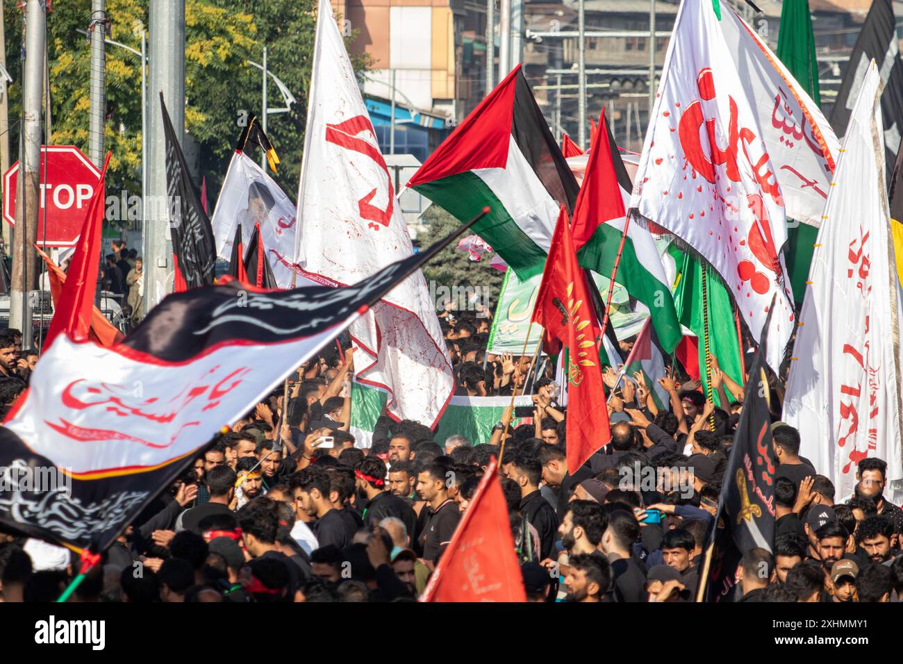 Kashmiri Shiite Muslims hold religious and Palestinian flags as they ...