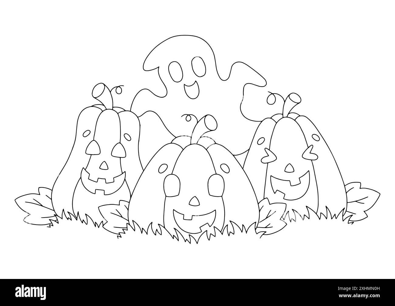 Cute pumpkins and a ghost. Coloring book page for kids. Cartoon style ...