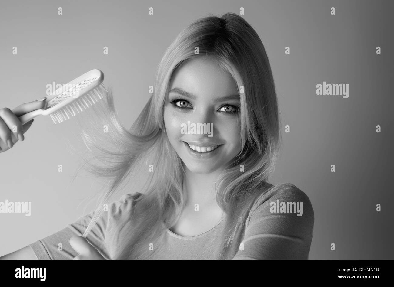 Beautiful Woman With Brush Combing Hair Beauty Girl With Straight Hair