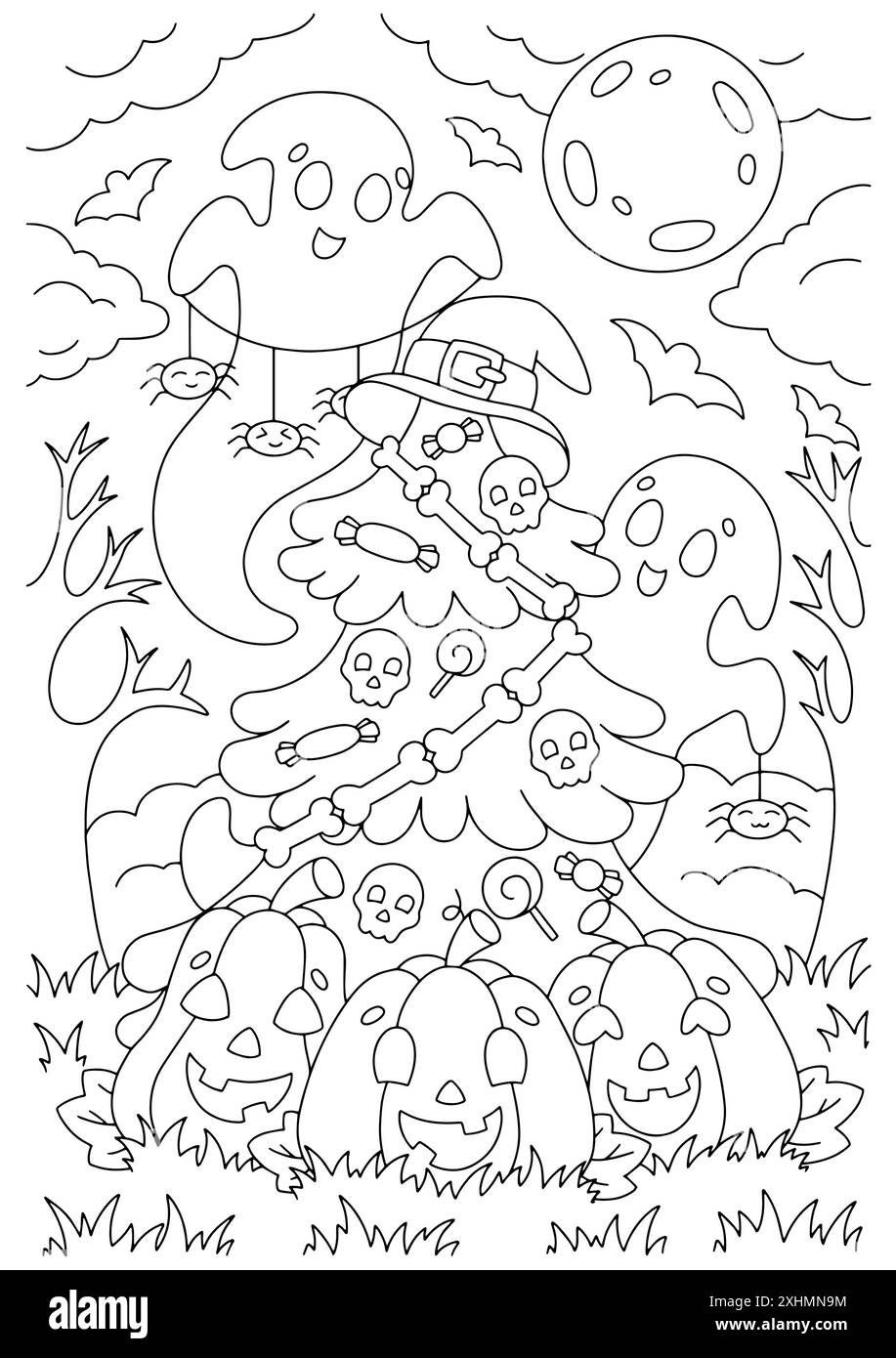 Cheerful ghosts decorate the halloween tree. Coloring book page for ...