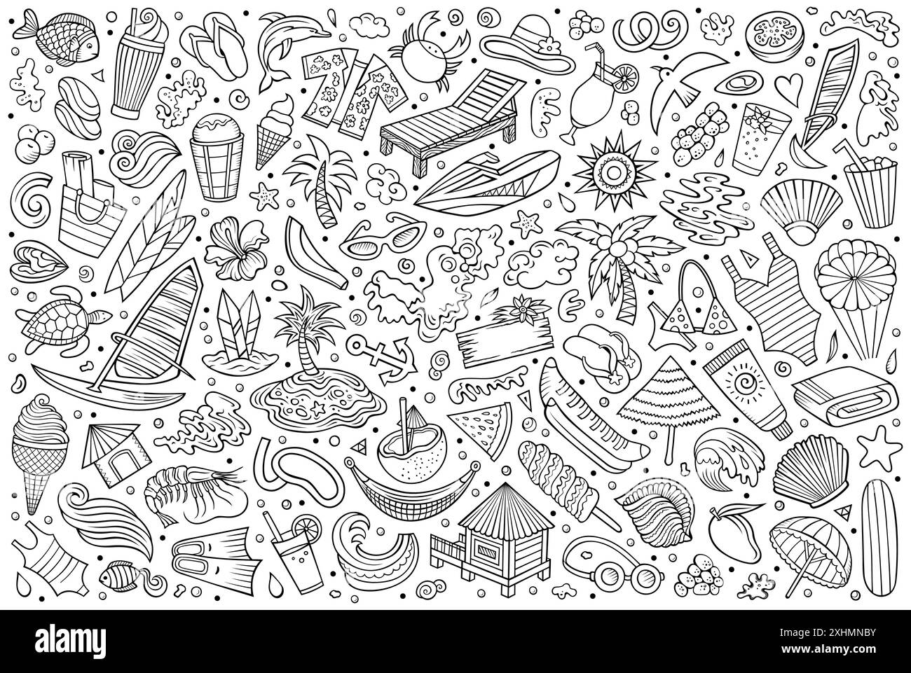 Vector doodle cartoon set of Summer beach theme objects and symbols ...