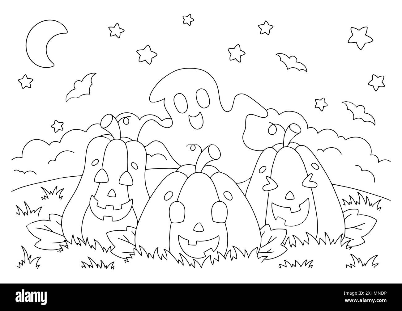 Cheerful friends. Halloween pumpkins and ghost. Coloring book page for ...