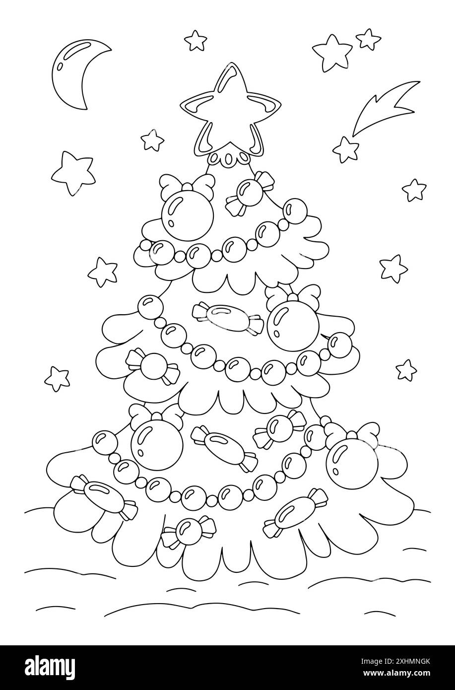 Decorated christmas tree. Coloring book page for kids. Cartoon style ...