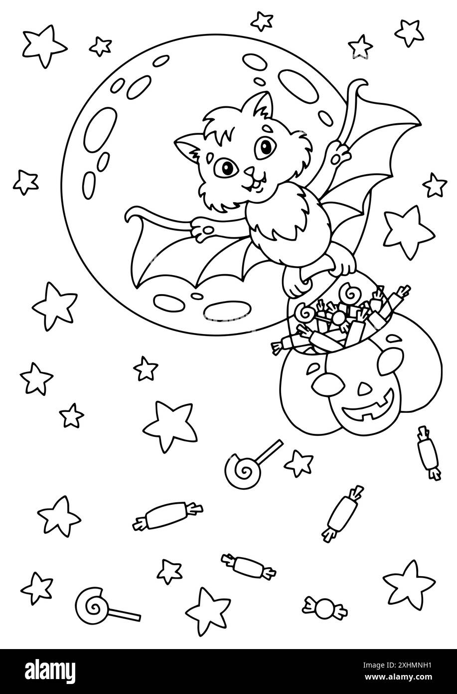 A cute bat carries a pumpkin basket with sweets. Moon and stars in the ...