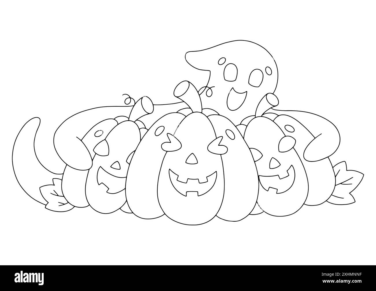 Cute pumpkins and a ghost. Coloring book page for kids. Cartoon style ...