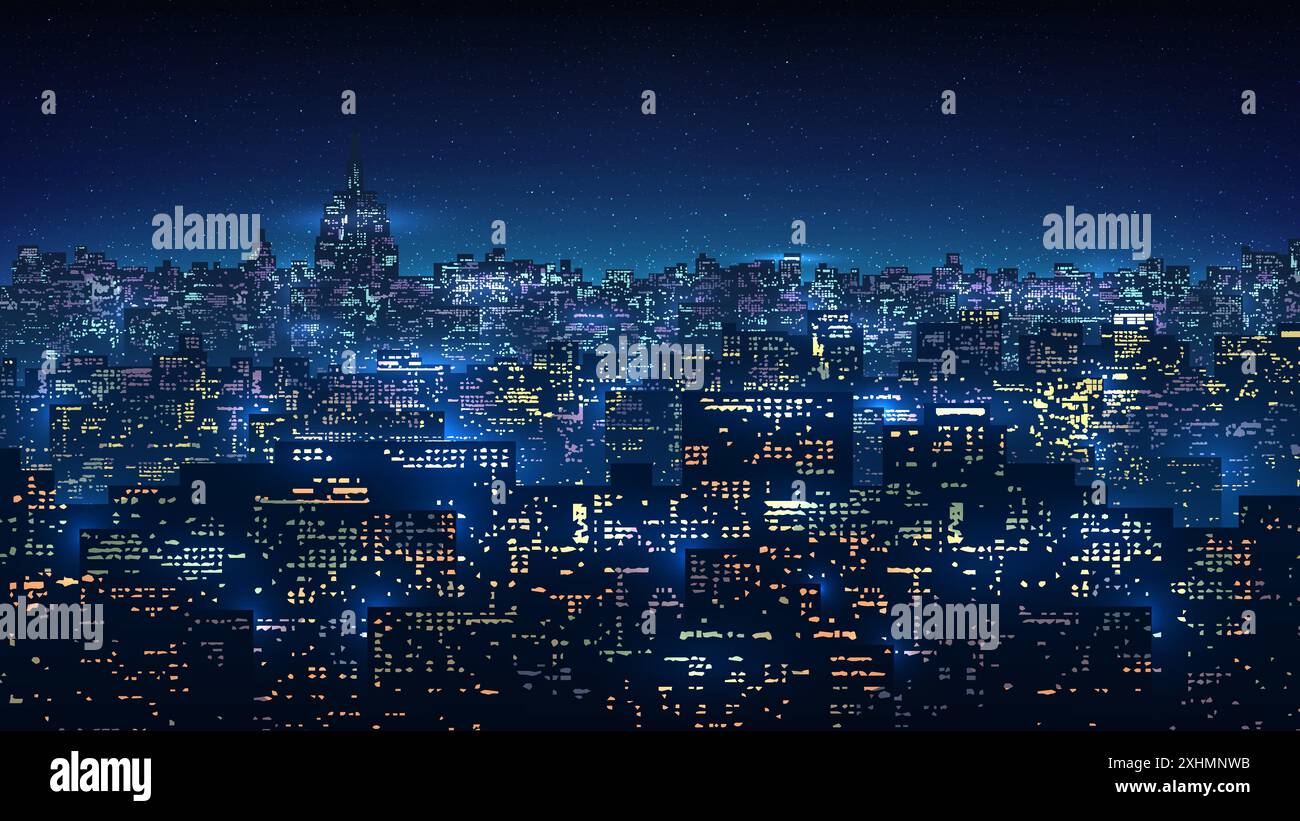 Cityscape, city buildings at night. City skyline at nighttime. Night shining starry sky. Dark ...