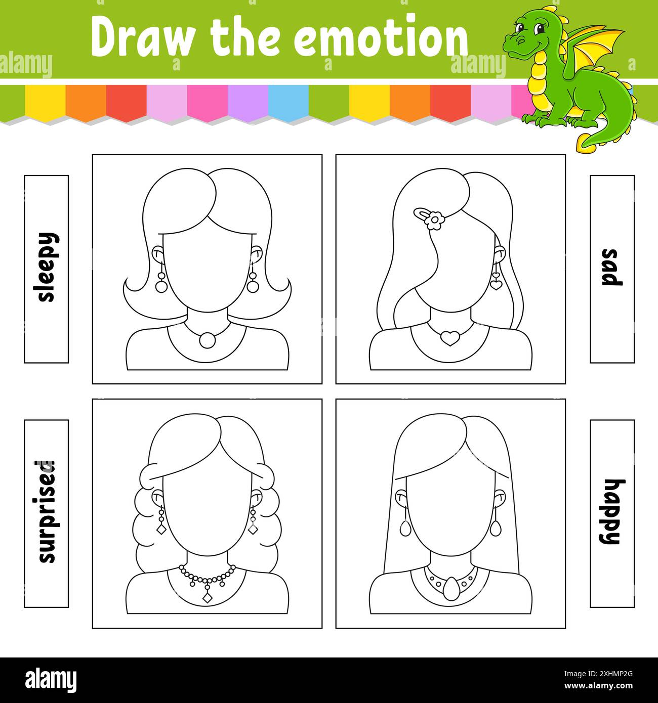 Draw the emotion. Worksheet complete the face. Coloring book for kids ...