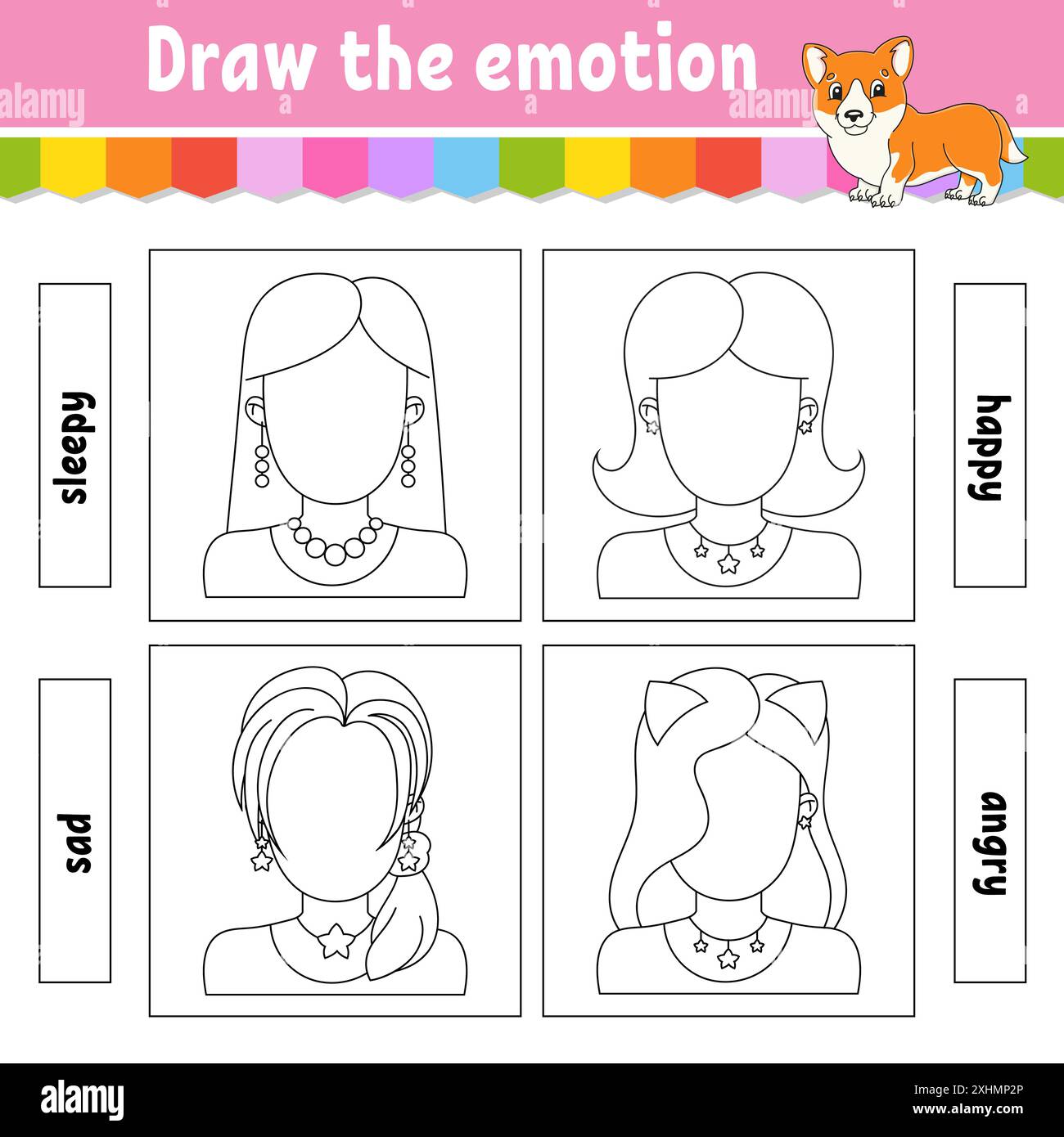 Draw the emotion. Worksheet complete the face. Coloring book for kids ...