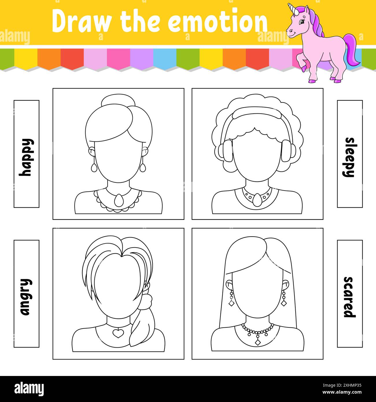 Draw the emotion. Worksheet complete the face. Coloring book for kids ...