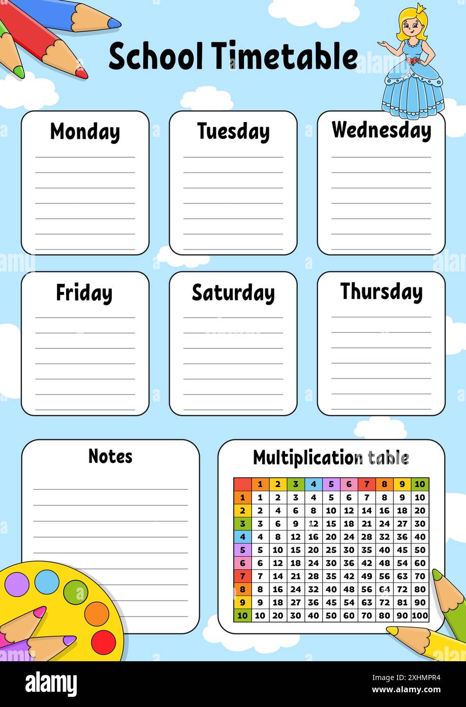 School timetable with multiplication table. For the education of ...