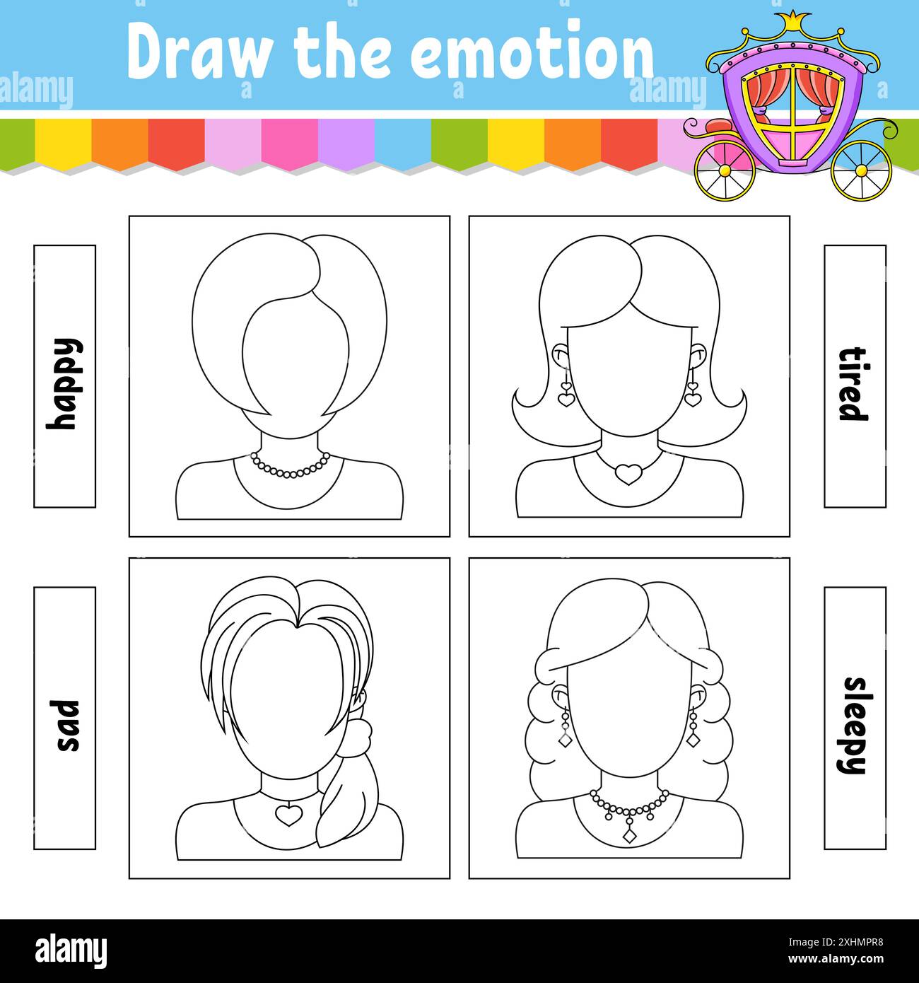 Draw the emotion. Worksheet complete the face. Coloring book for kids ...