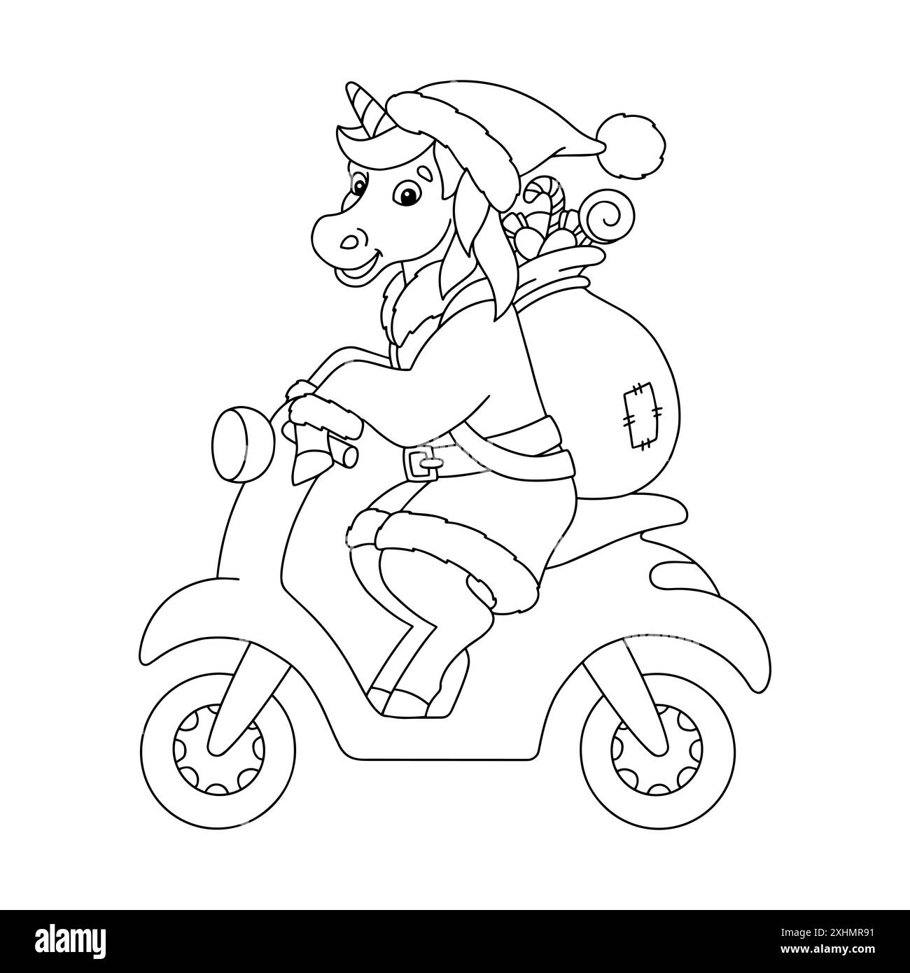The unicorn rides a moped and carries gifts. Coloring book page for ...