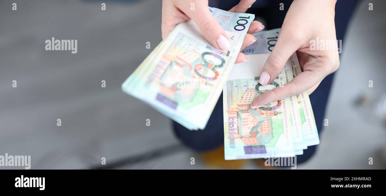 Close-up of woman hands counting ruble money, business and finance ...