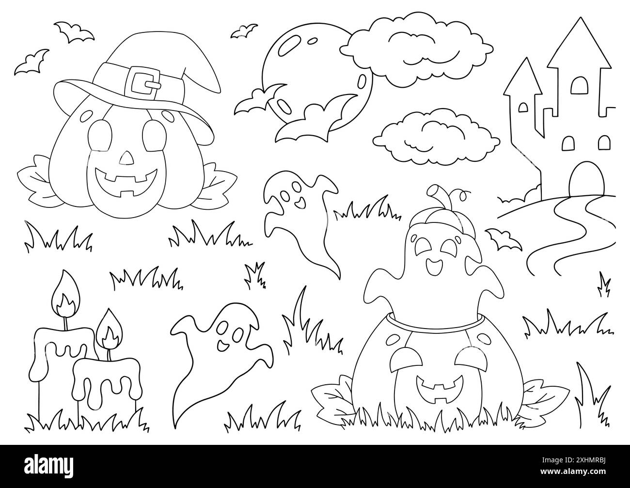 Set of elements for Halloween pumpkins, ghosts, bats. Coloring book ...