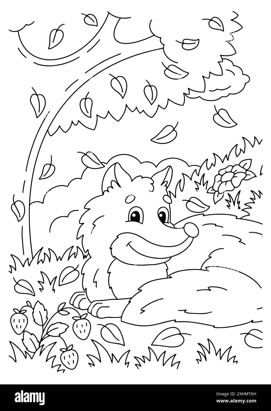 Cute fox in the autumn forest. Coloring book page for kids. Cartoon ...