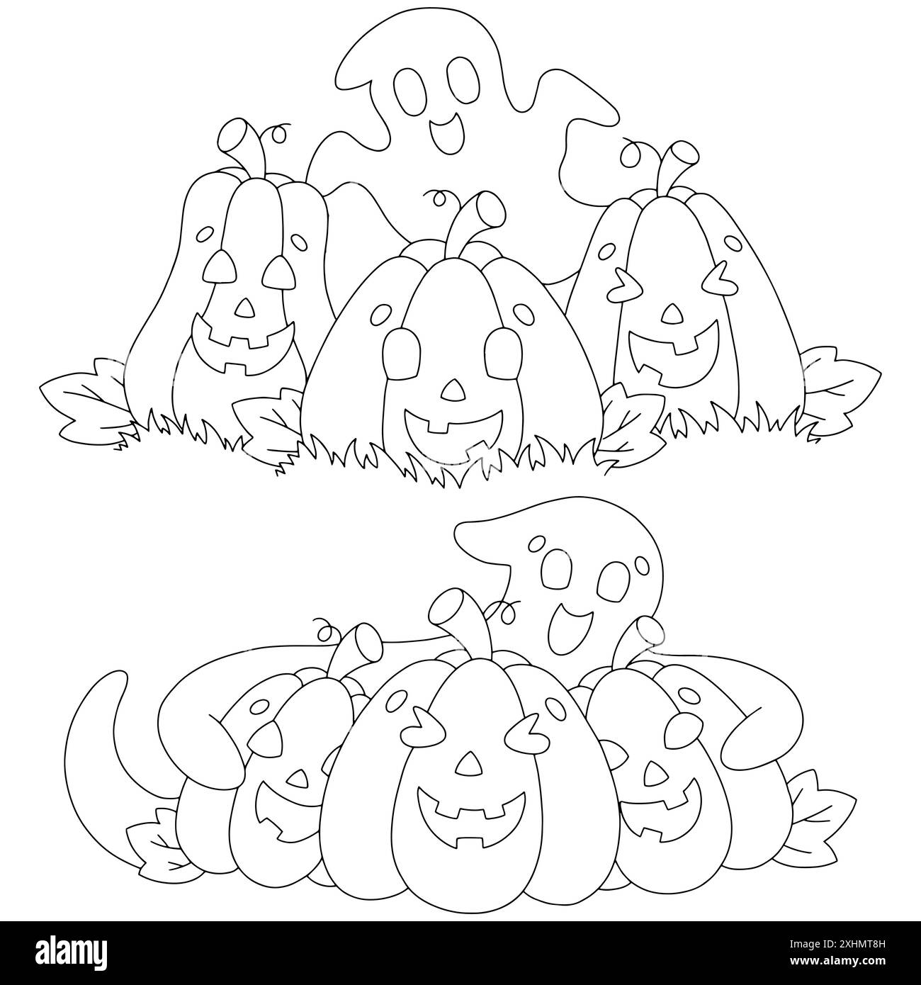 Set of funny pumpkins and ghosts. Coloring book page for kids. Cartoon ...