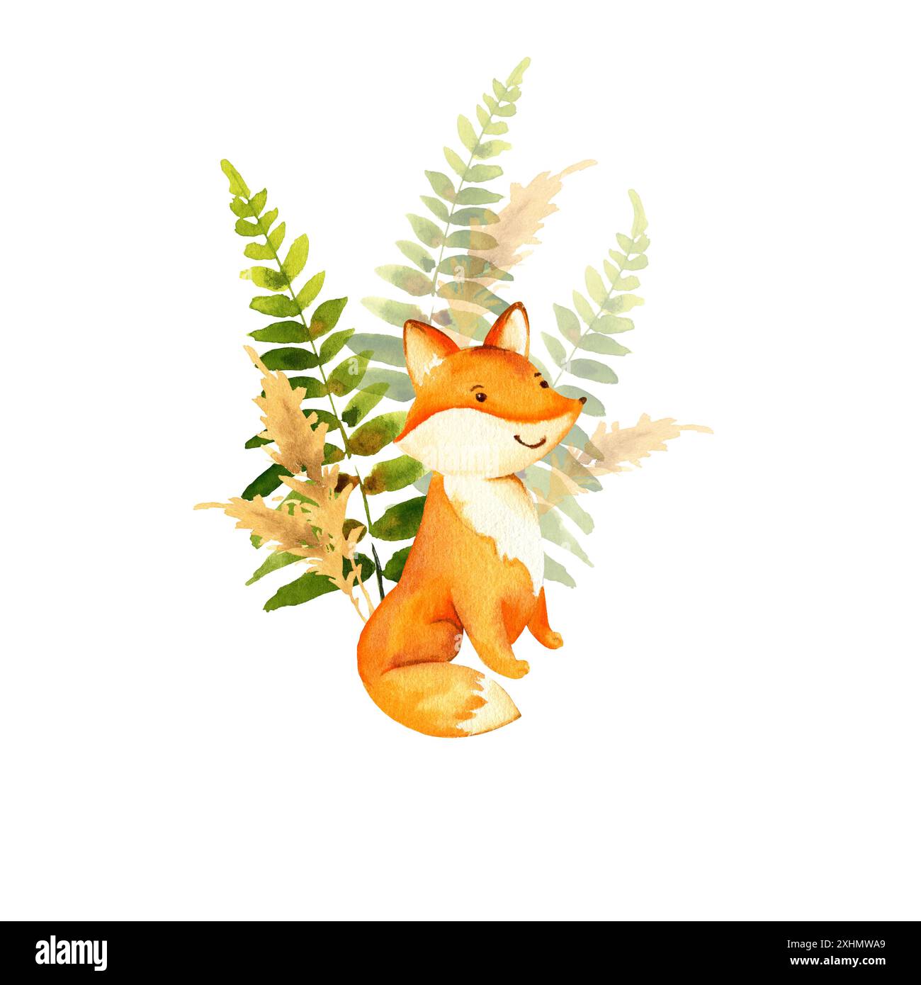 cute red baby fox against forest herbs and plants, watercolor sketch of ...