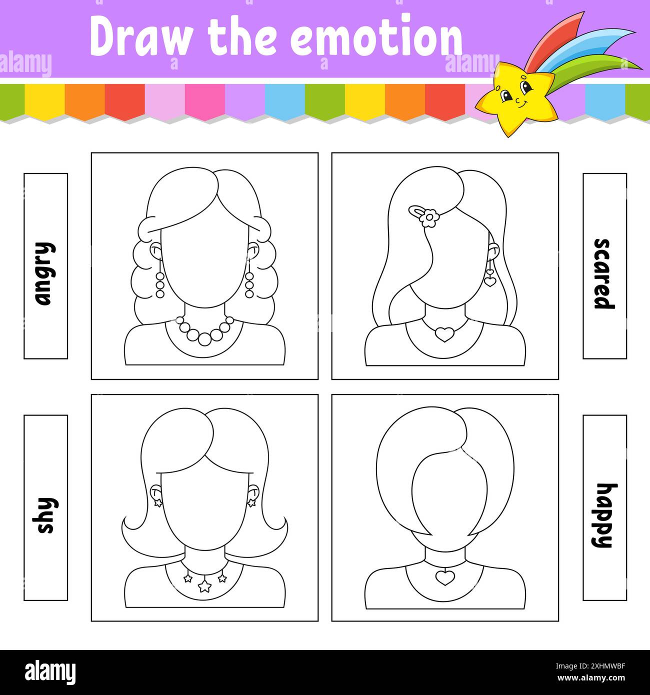 Draw the emotion. Worksheet complete the face. Coloring book for kids ...