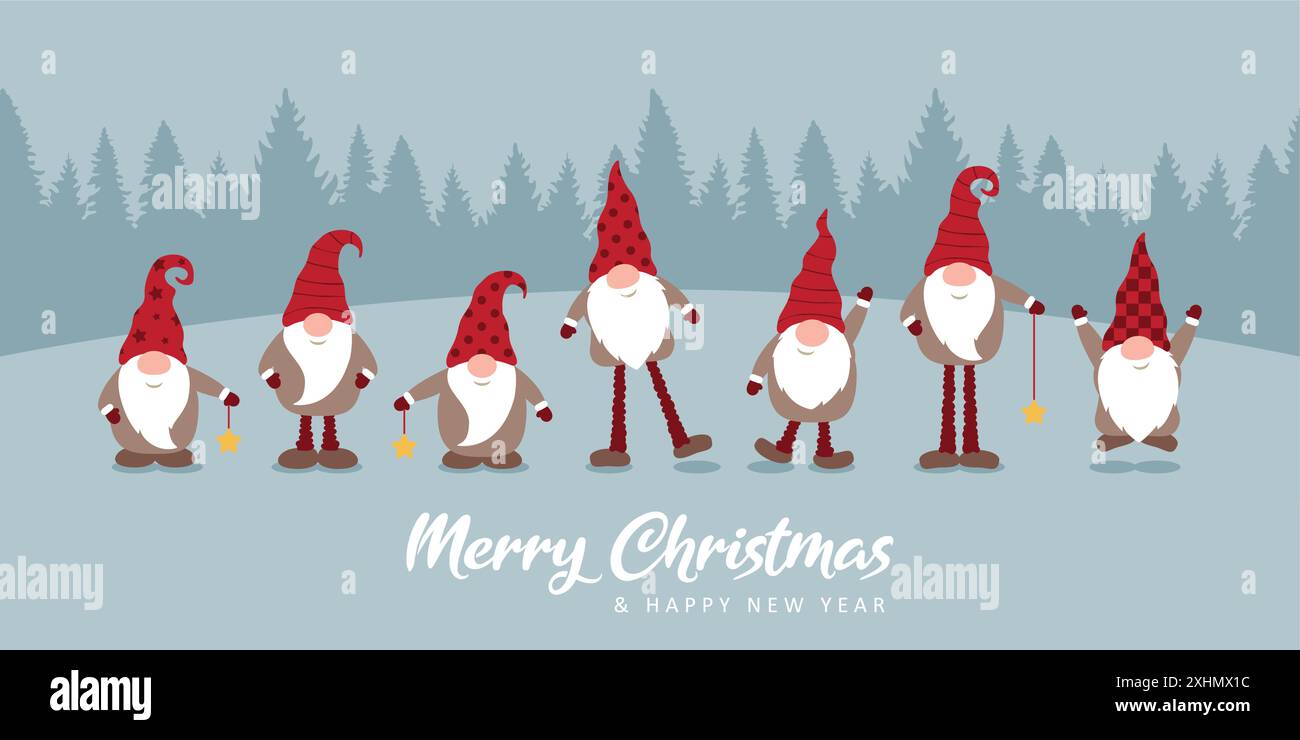 christmas greeting card with cute christmas dwarf in winter vector ...